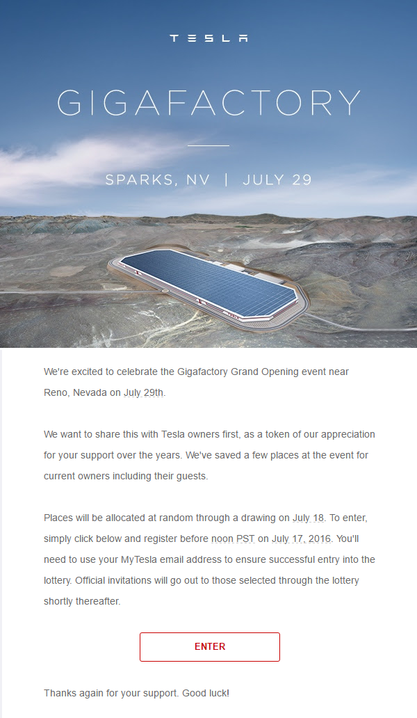 Tesla sends out 'Gigafactory Grand Opening' invites: test drives ...