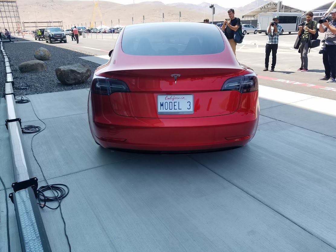 Tesla Model 3 rare red prototype displayed at the Tesla Gigafactory ...