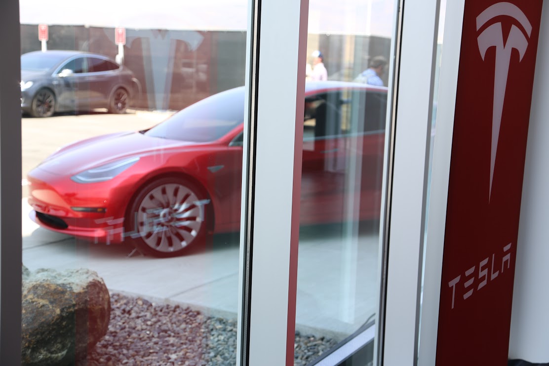Tesla Model 3 rare red prototype displayed at the Tesla Gigafactory ...
