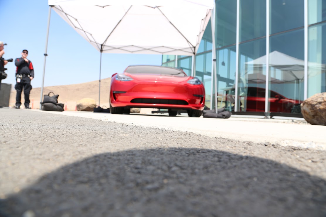 Tesla Model 3 rare red prototype displayed at the Tesla Gigafactory ...