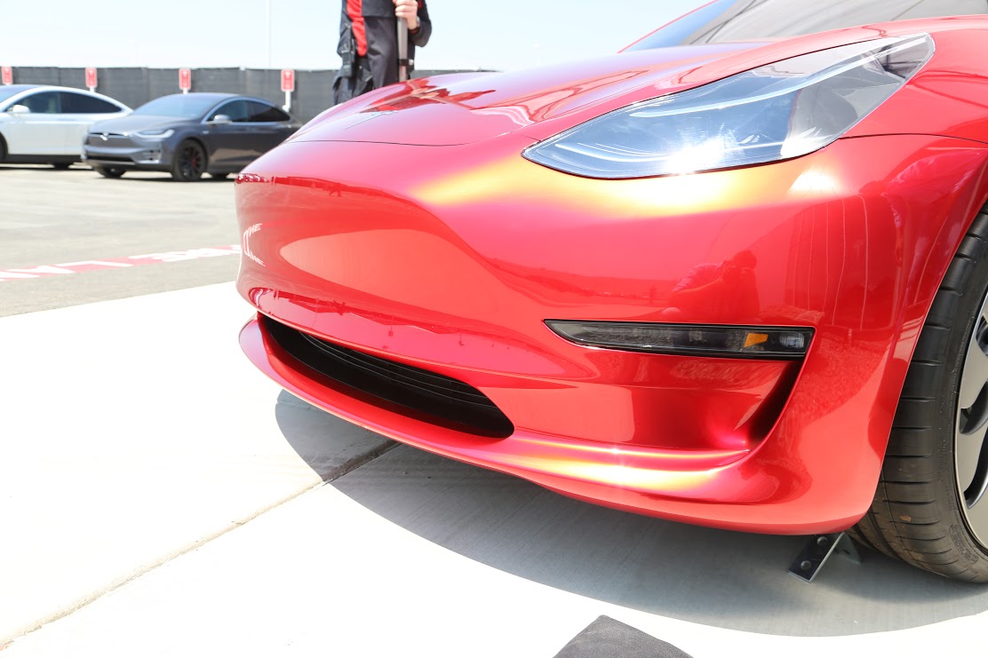 Tesla Model 3 rare red prototype displayed at the Tesla Gigafactory ...