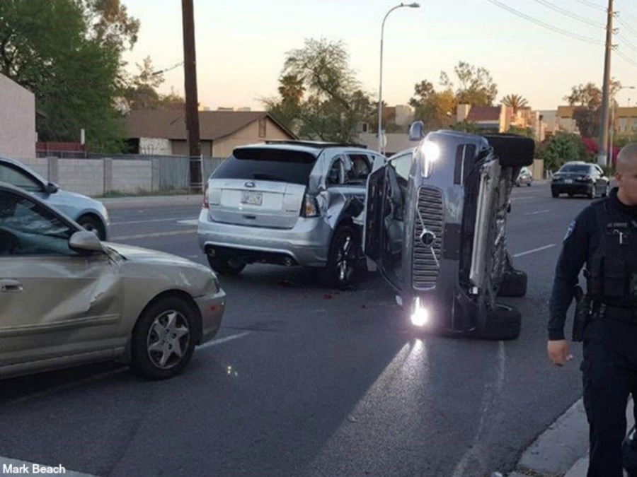 Uber self-driving prototype rolls over after crash in Arizona, police ...