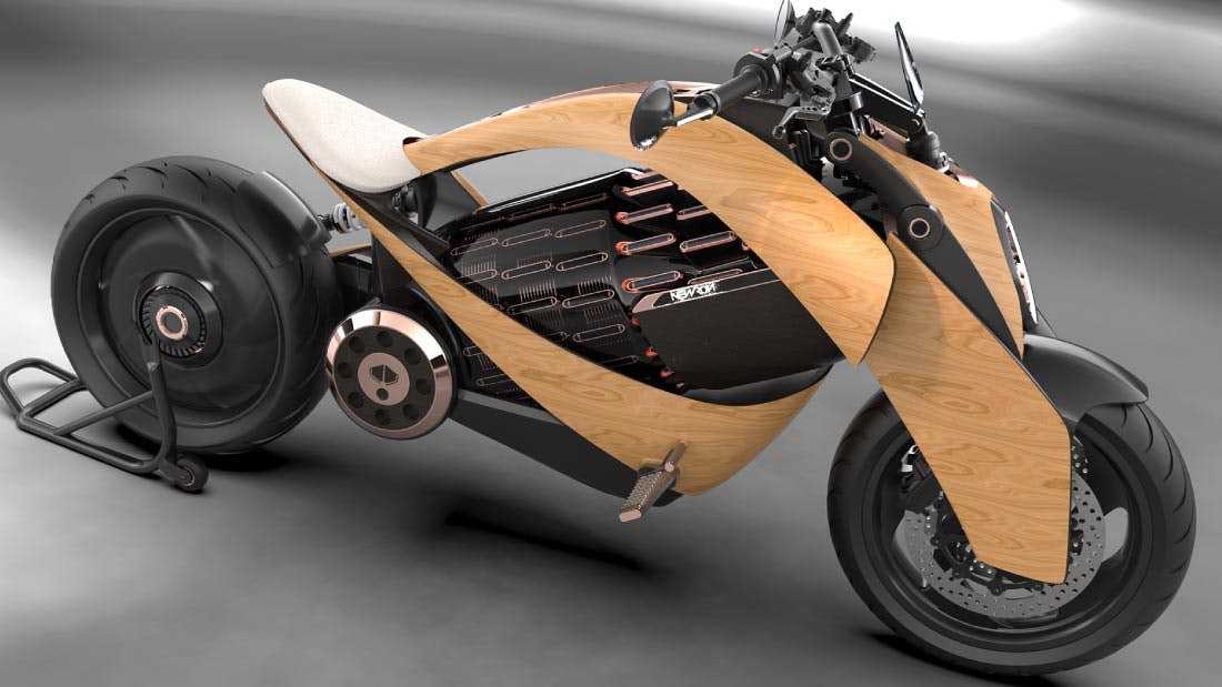 Newron electric motorcycle unveiled with beautiful curved wooden body