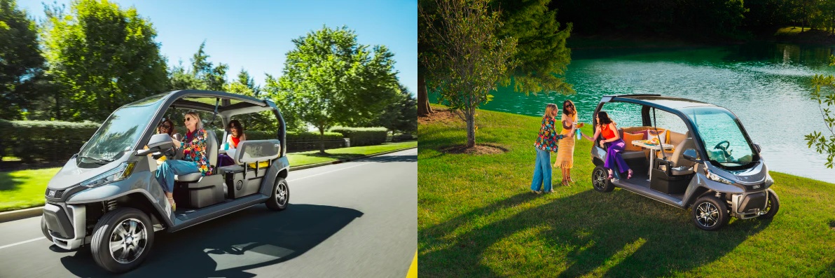 New Club Car Cru is an electric golf car with living room seating