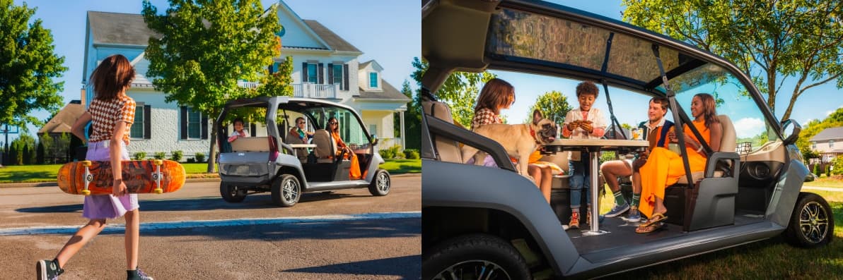 New Club Car Cru is an electric golf car with living room seating
