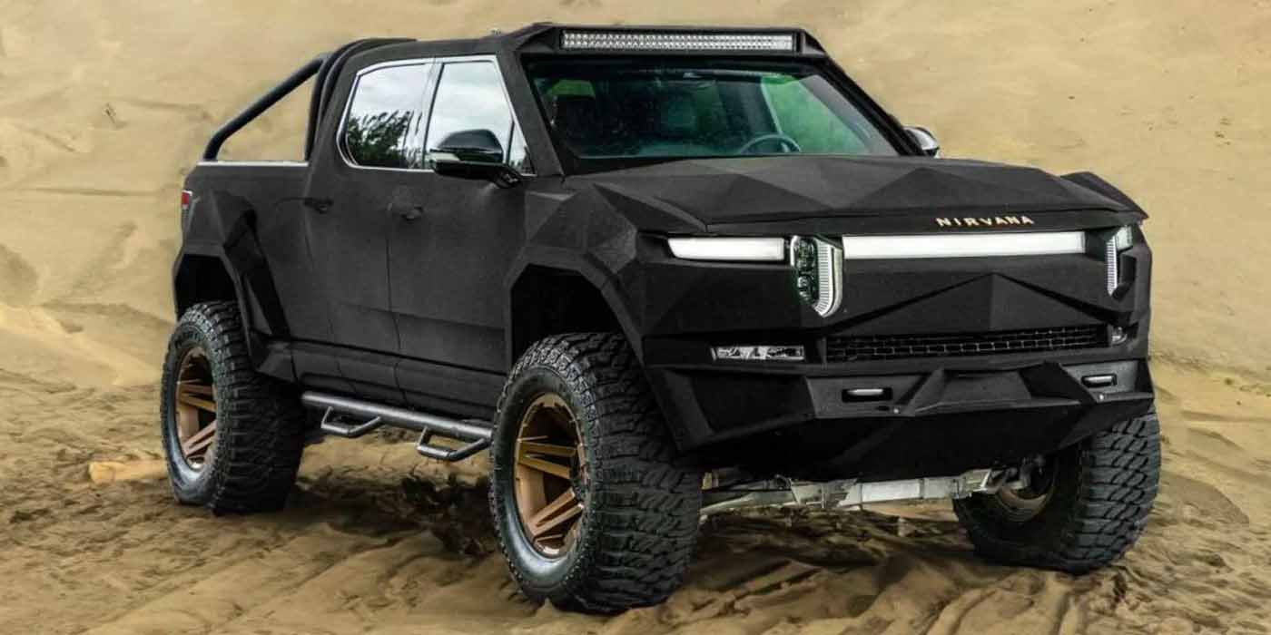 This custom Rivian has been fit with a lift kit, kevlar paint, roll cage