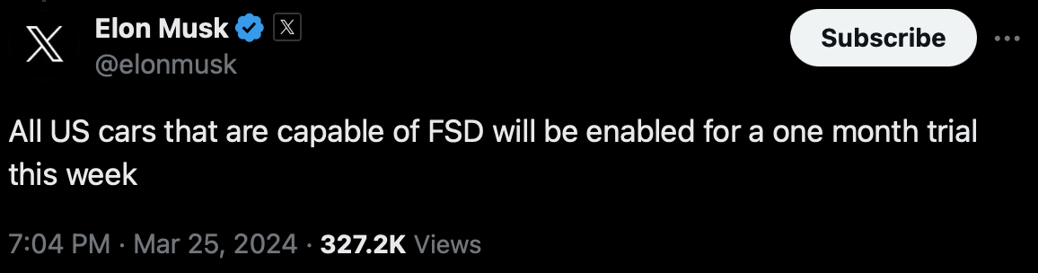 All Teslas in the US get a one month trial of FSD starting this week ...