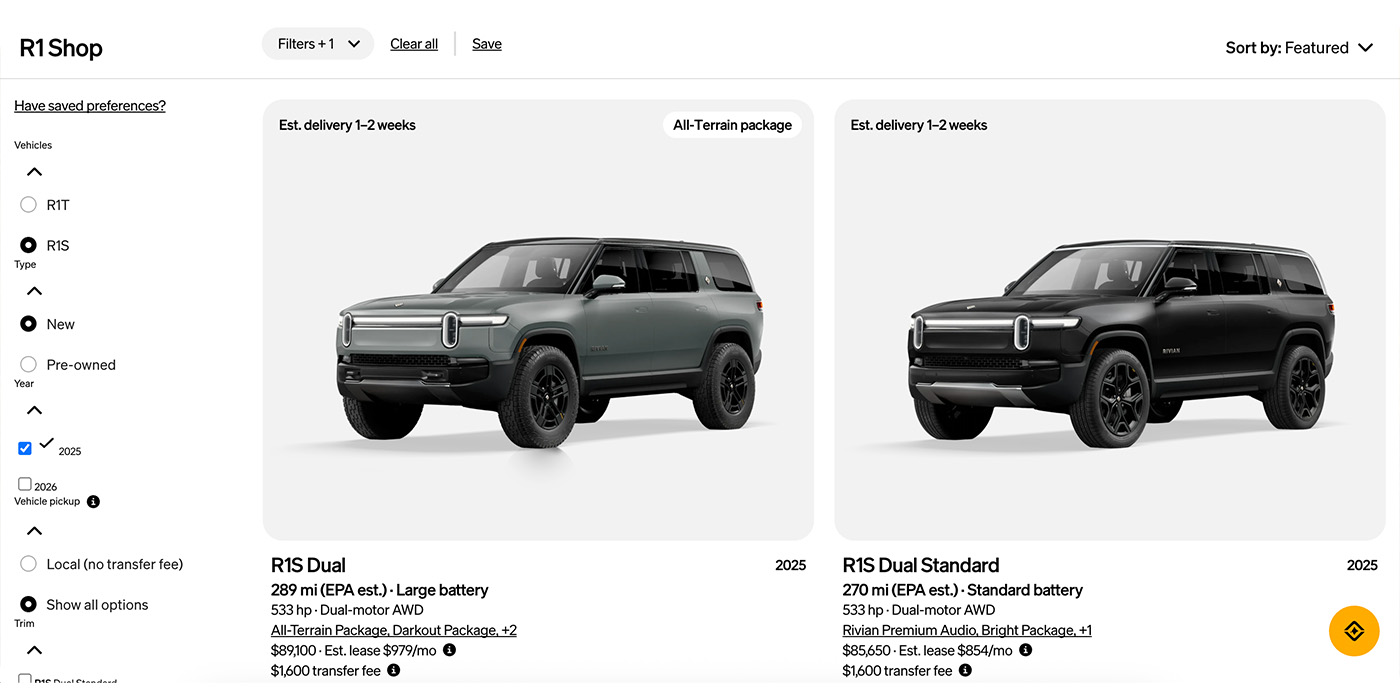 You can get 1.99% APR on the purchase of any 2025 Rivian R1 EV