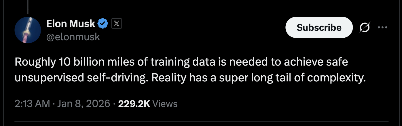 Elon: "Tesla needs 10B miles of training data to achieve safe ...
